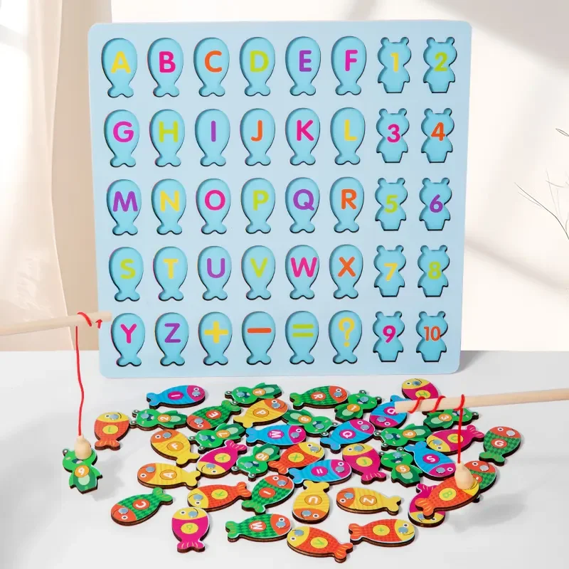 Montessori Wooden Interactive Fish Toys Alphabet Number Letter Board ...