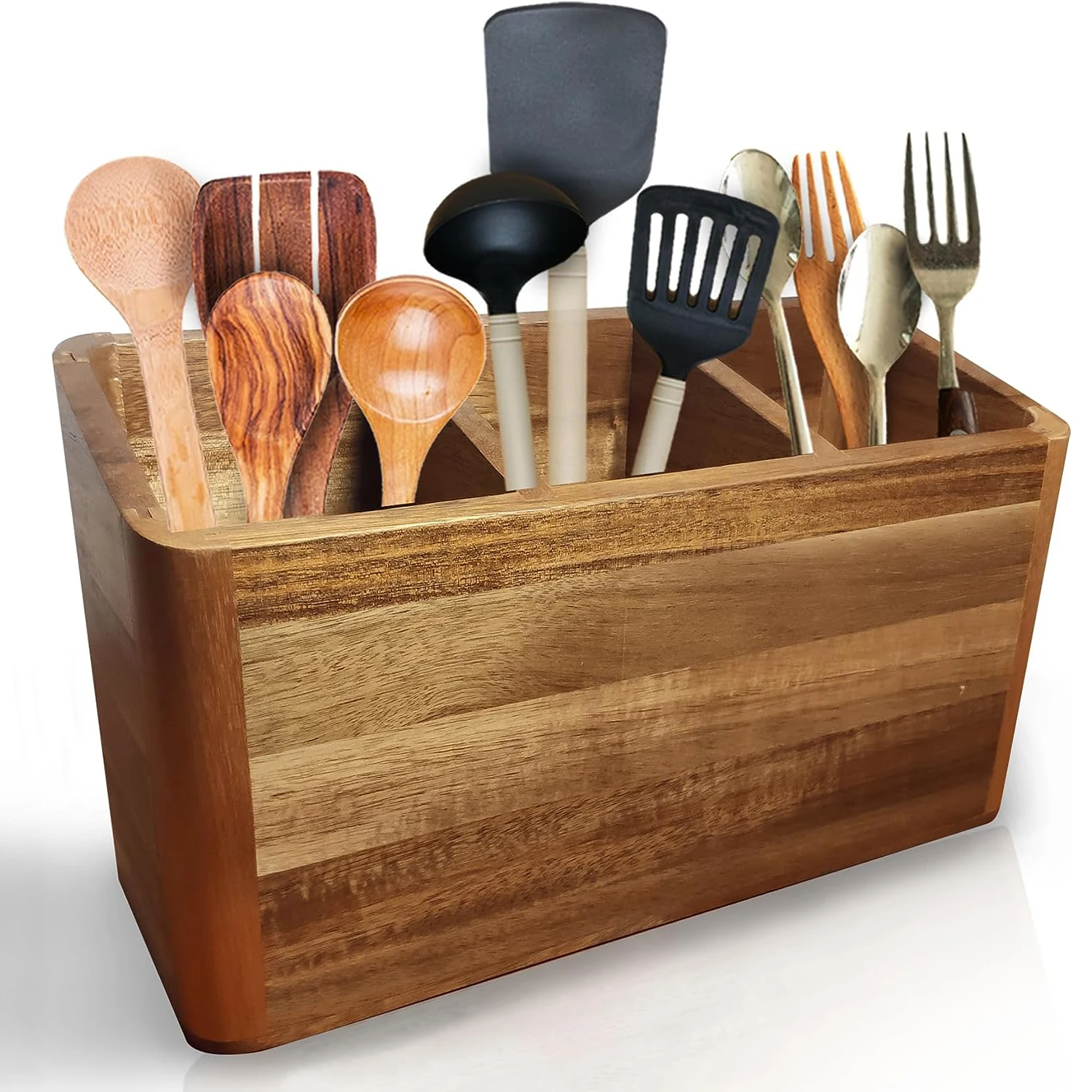 Extra Large Acacia Wood Kitchen Utensil Holder Wooden Organizer Rustic ...