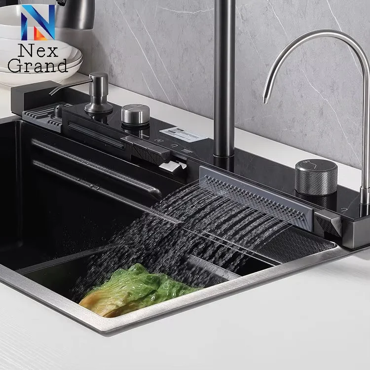 Stainless Steel Black Smart LED Waterfall Kitchen Sink Multifunction ...