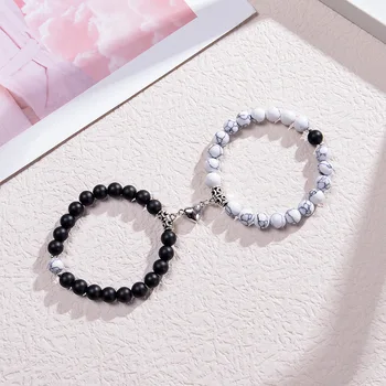 2Pcs Magnetic Couple Bracelets Distance Matching Relationship 8mm Beads Friendship Gemstone Bracelet Sets for Him and Her