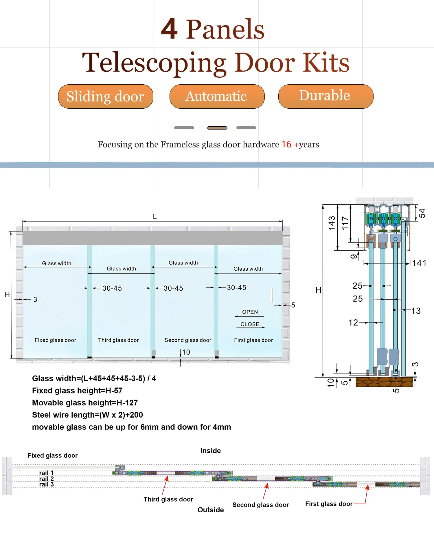 High Level Aluminum 4 Panel Telescoping Door Hydraulic Glass Sliding ...