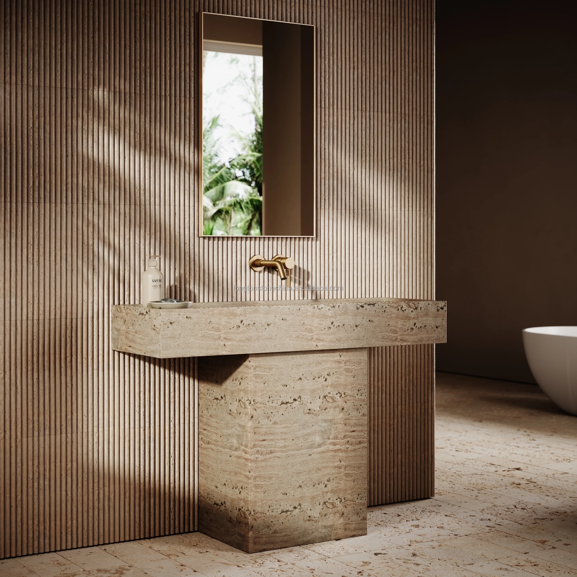 Modern Beige Travertine Sinks Bathroom Freestanding Marble Wash Basin ...