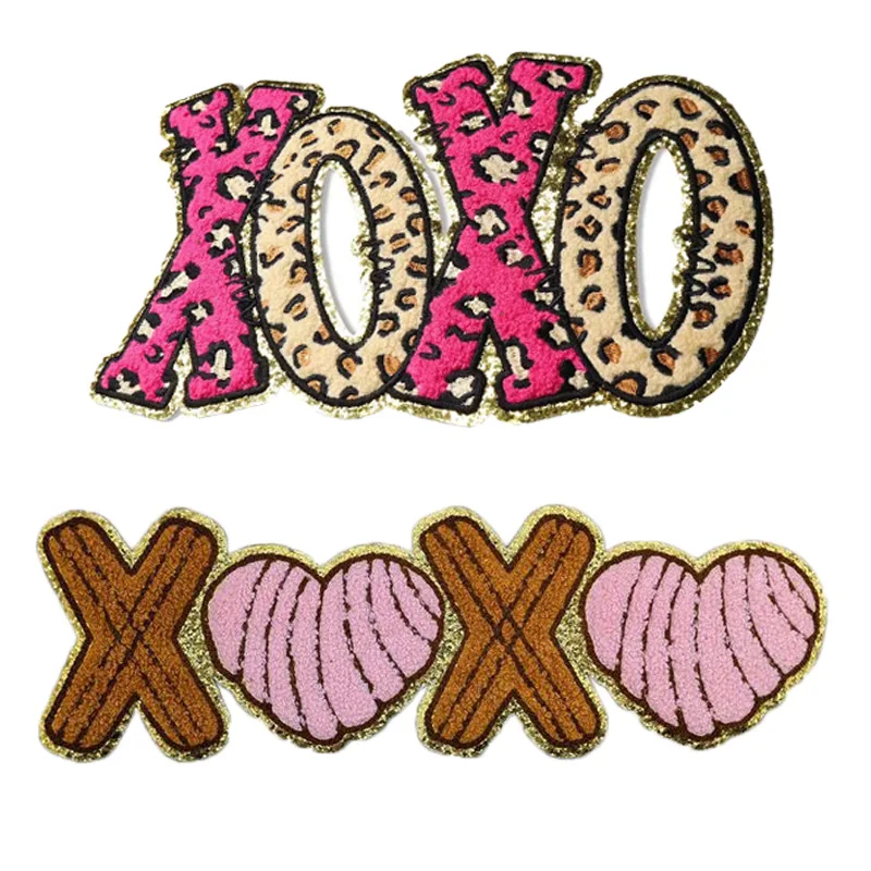 New Hot Pink Big Size Iron On Chenille Embroidered Gold Edge Xoxo Patch For T-shirt Hoodies ...