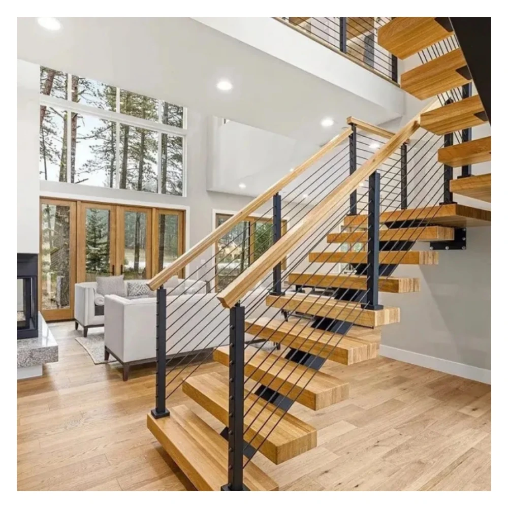 Straight Single Steel Stair Beam Floating Staircase Cable Railing ...