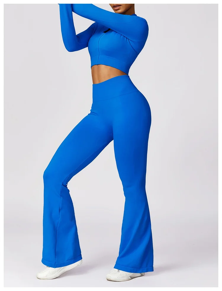 Seamless Female 2 Piece Gym Set Women Yoga Set Workout Tracksuit Fitness Sport Flared Pants Long ...