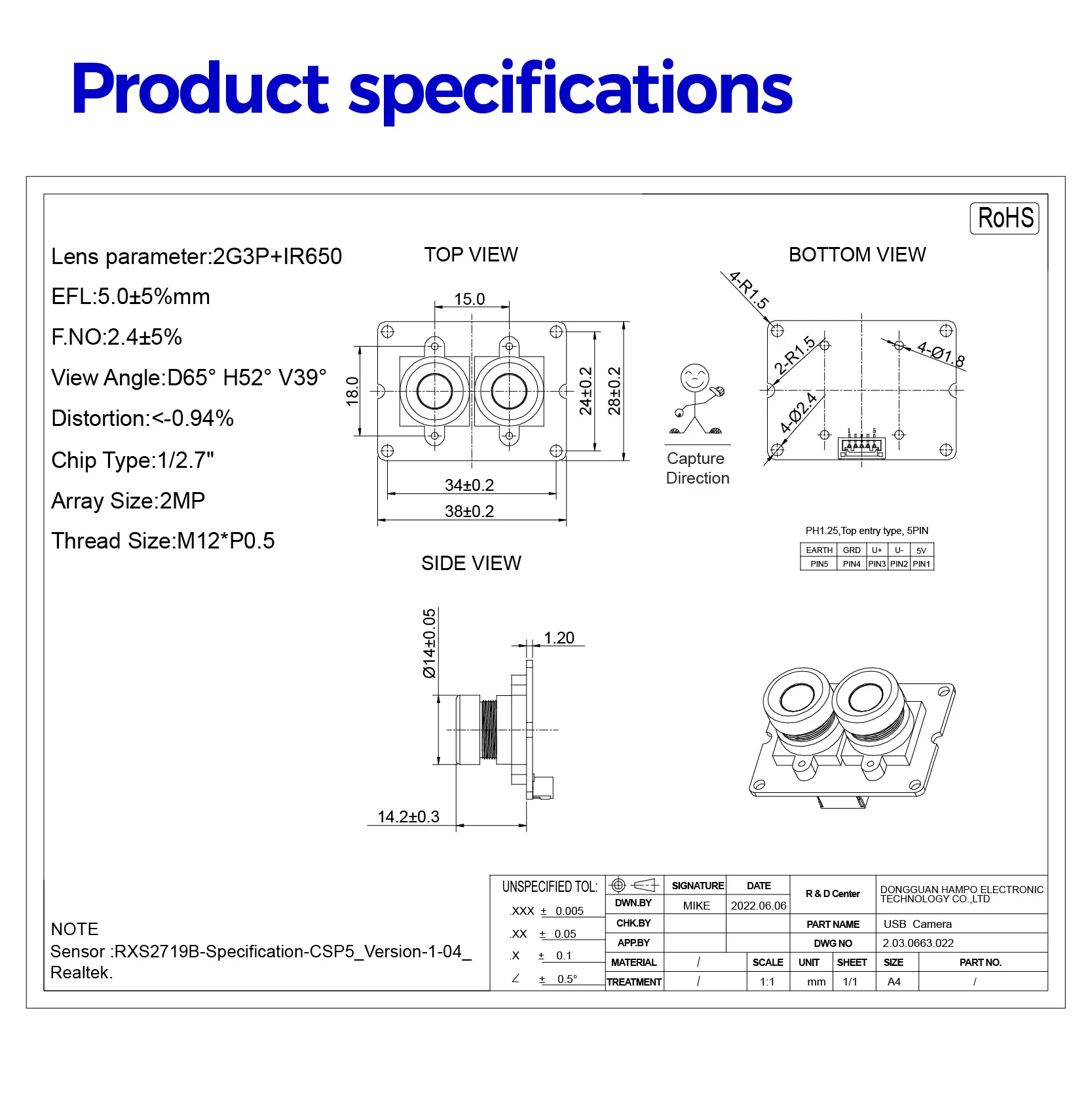 Customized 3D TOF 1080P Dual Camera USB Module - Macro RX2719
