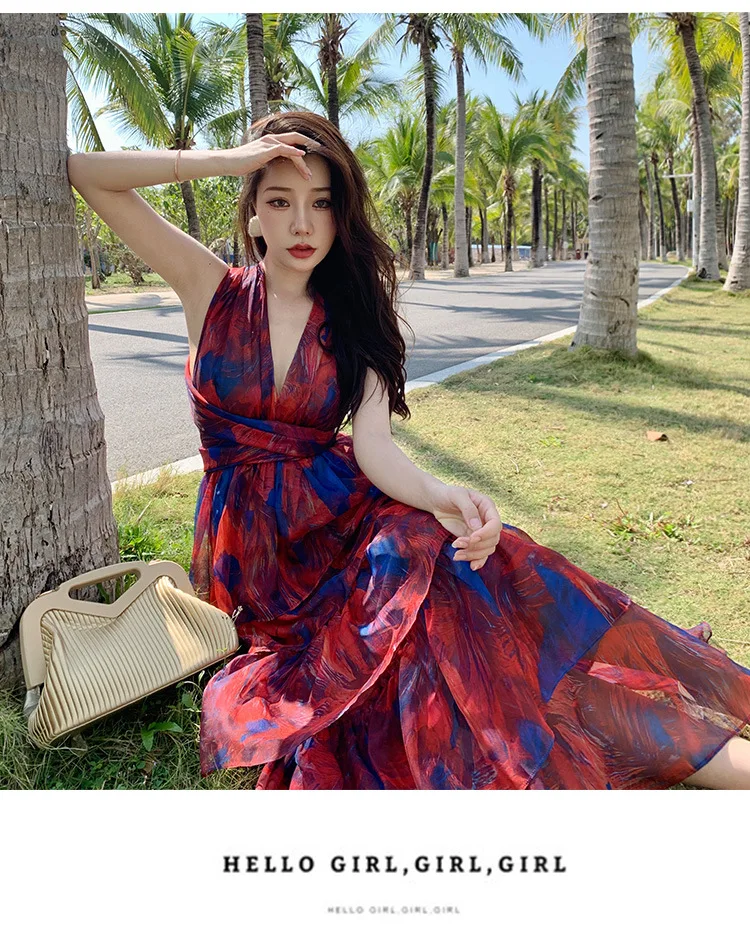 Feon New Arrivals Womens Fashion Summer V Neck Flowers Halterneck Long ...