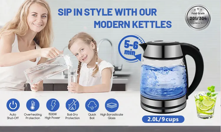 2024 Top Ranking Glass Tea Kettle Water Boiler Heater 2.0L Cordless ...