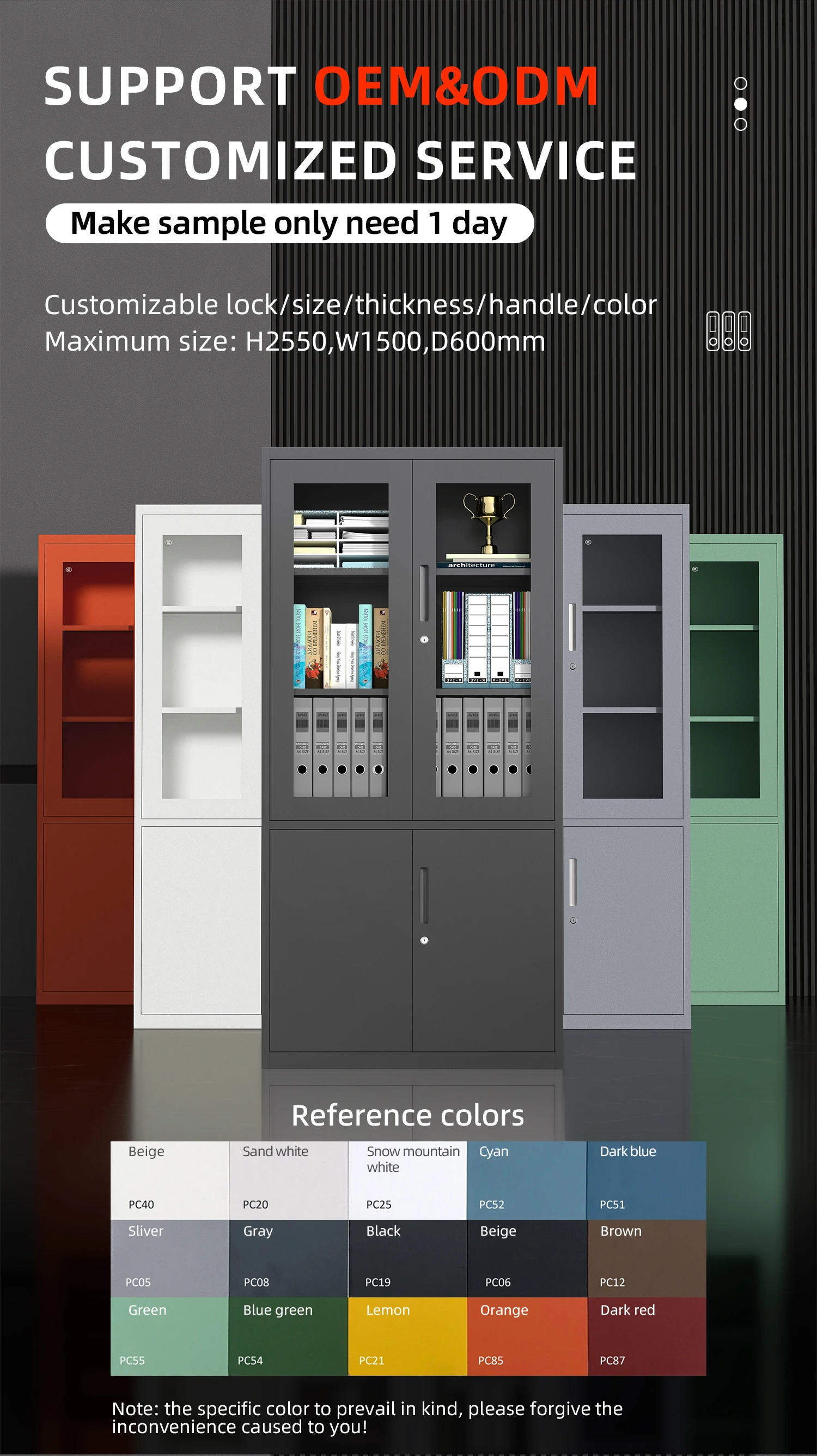 Black Color Sand Texture Swing Glass Door Vertical Cupboard Metal Steel File Cabinet Storage ...