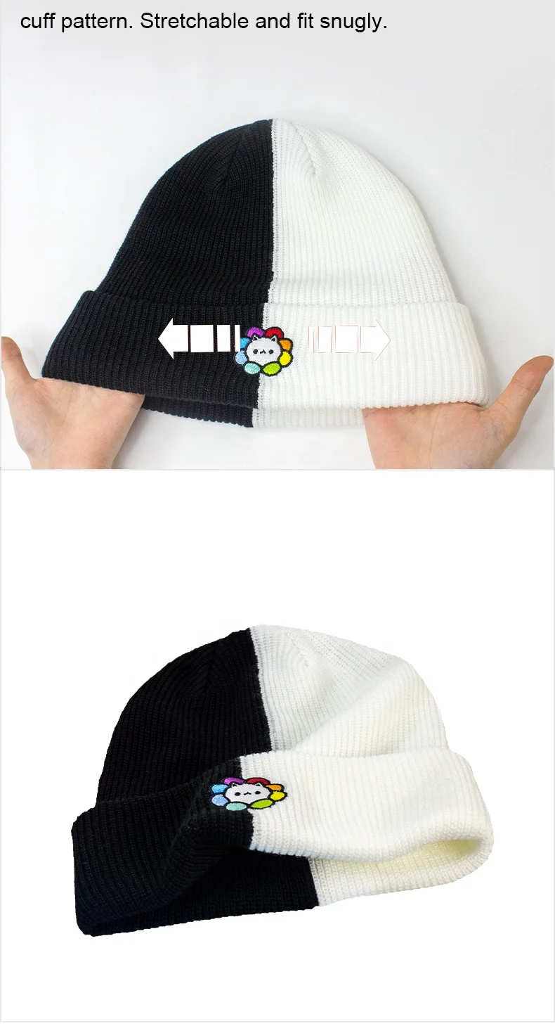 Custom Black White Embroidered Knit Cuff Beanie Wholesale Design Your ...