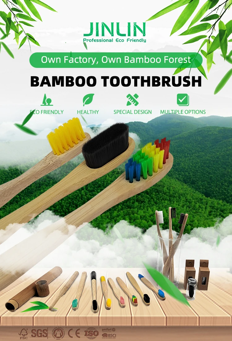 Custom Logo Bambu Flat Handle No Plastic Eco Natural Bristle Charcoal ...