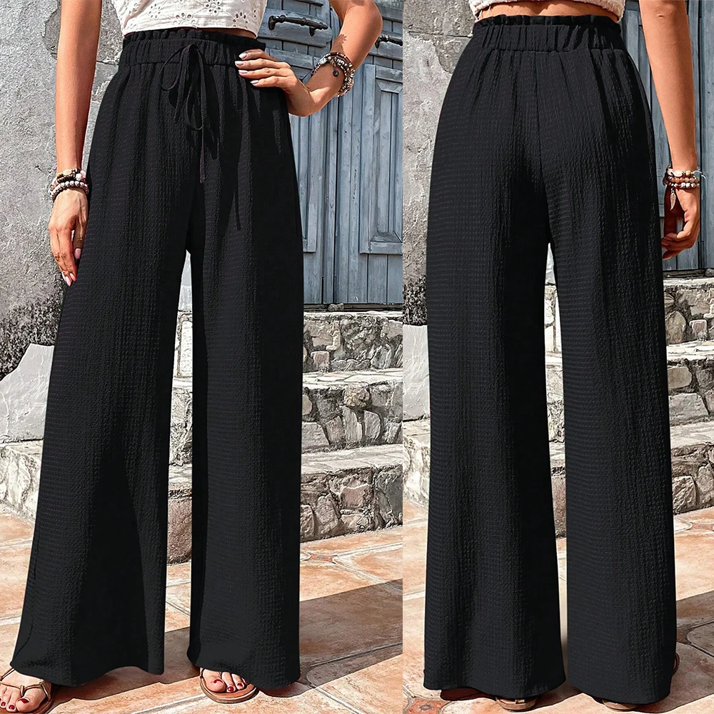 Women's Wide Leg Trousers High Elastic Waisted Bubble Plaid Wide Bottom ...