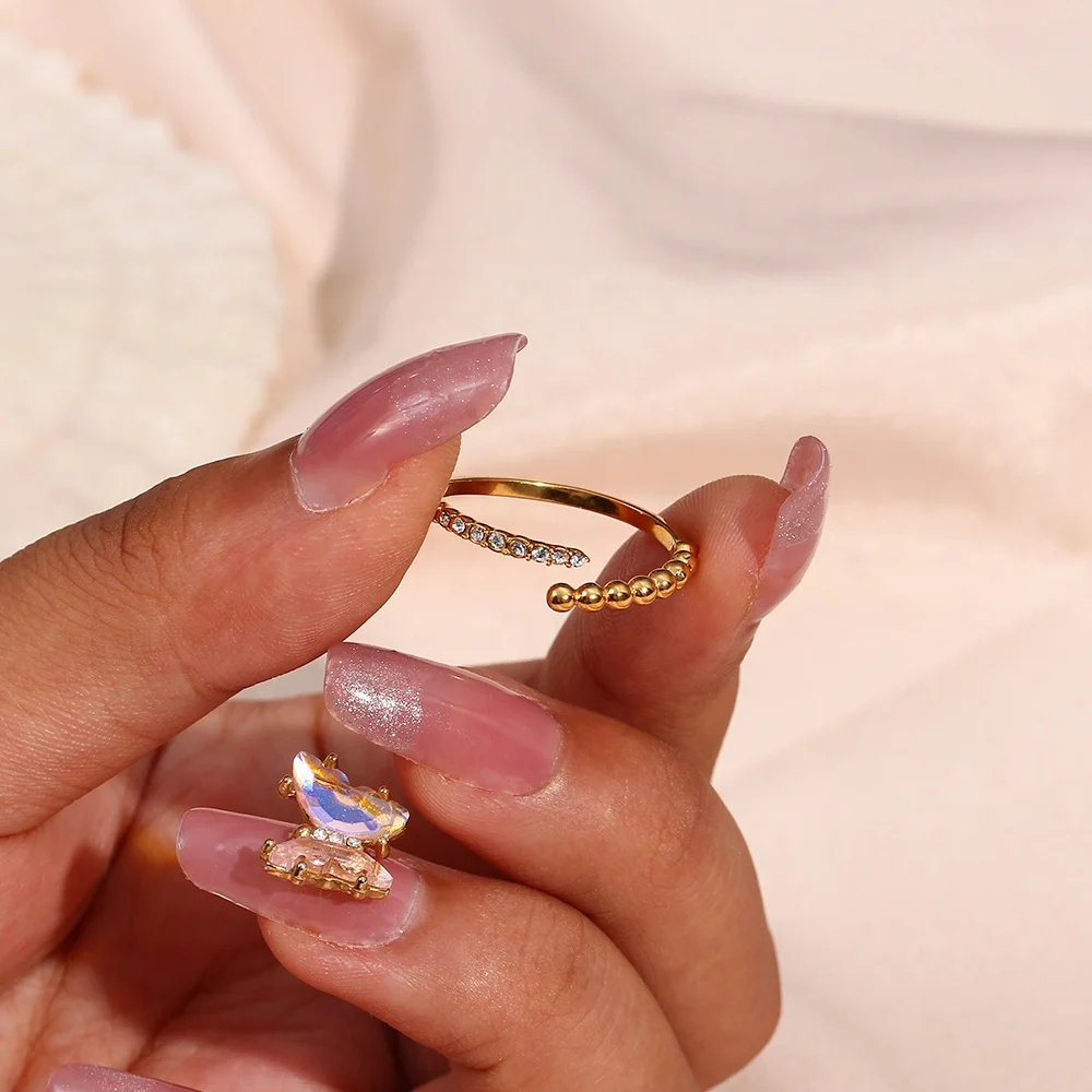 Dainty Adjustable Zircon Bead Rings Jewelry Women Stainless Steel 18k ...