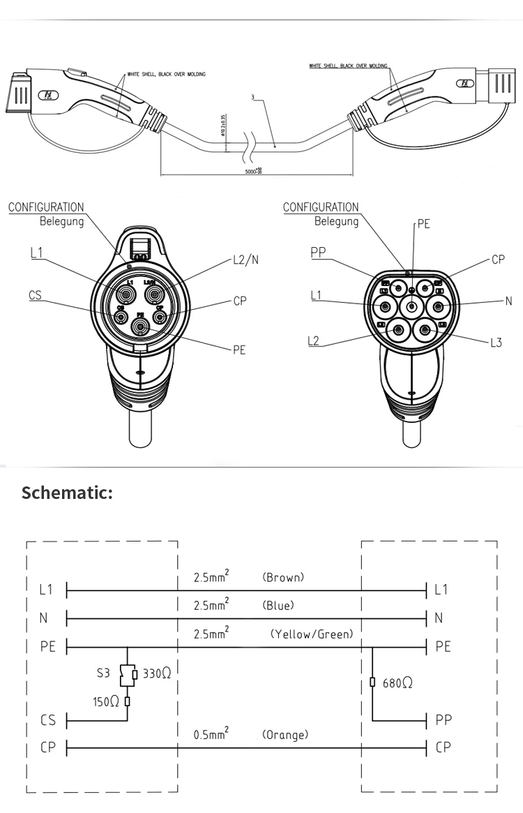전기 자동차 충전용 Kkhons 32a Sae J1772 ~ Iec62196 Ev 플러그 유형 1 ~ 유형 2 Ev 충전 케이블 ...