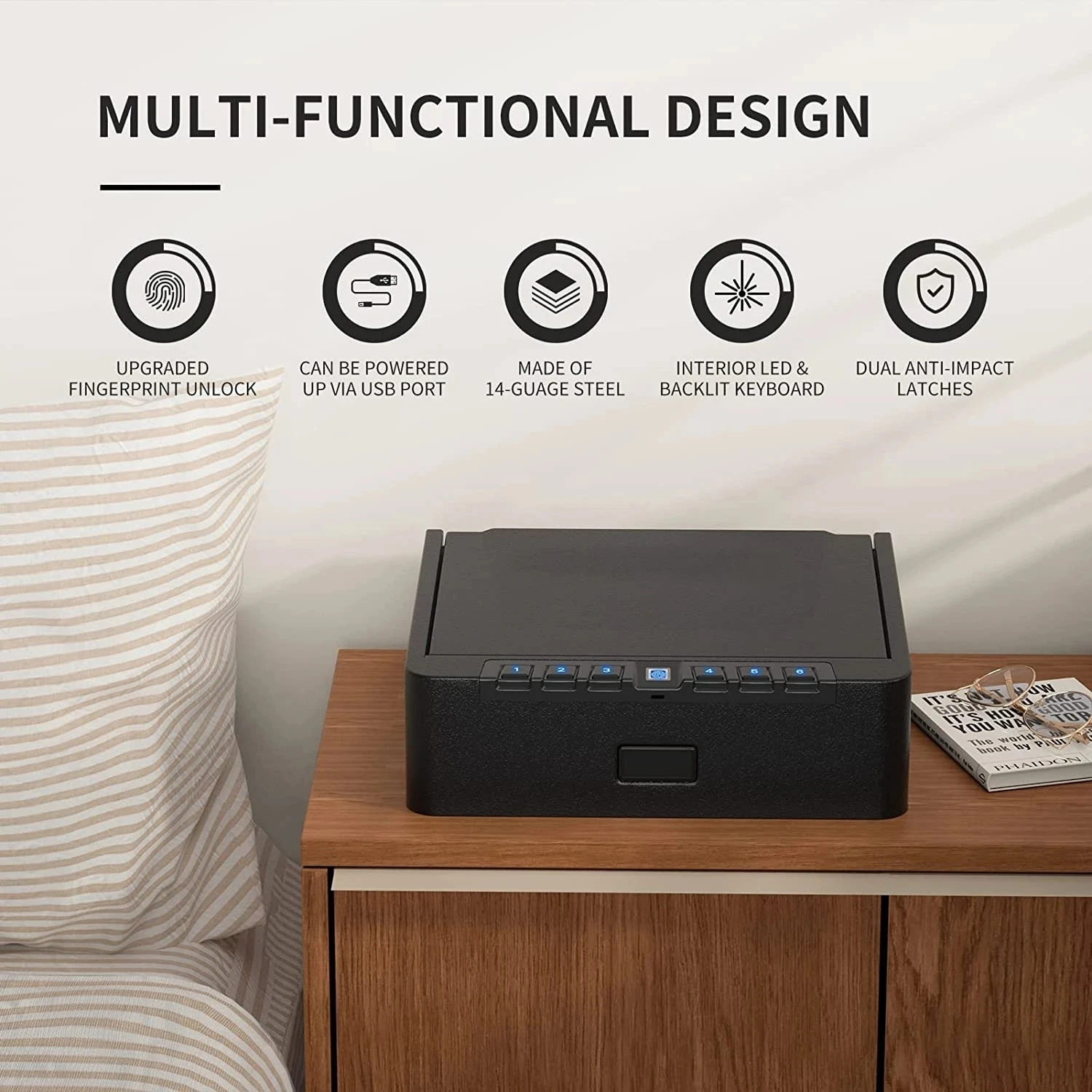 Home Nightstand And Desk Solid Steel Gun Safe Biometric Fingerprint ...
