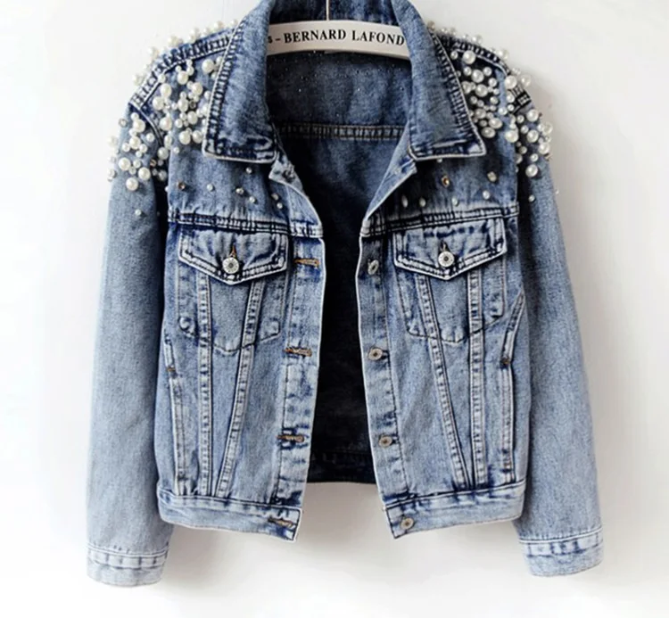 Popular Women's Wear Custom Rhinestone Pearls Jean Coat Casual Jean ...