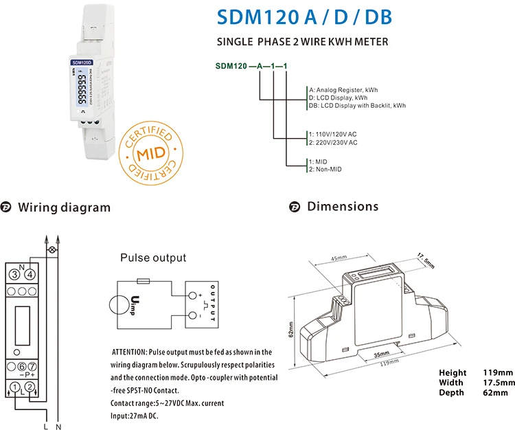Sdm120a 45a Direct Load Din Rail Mid Approved Kwh Meter Counter Meter ...
