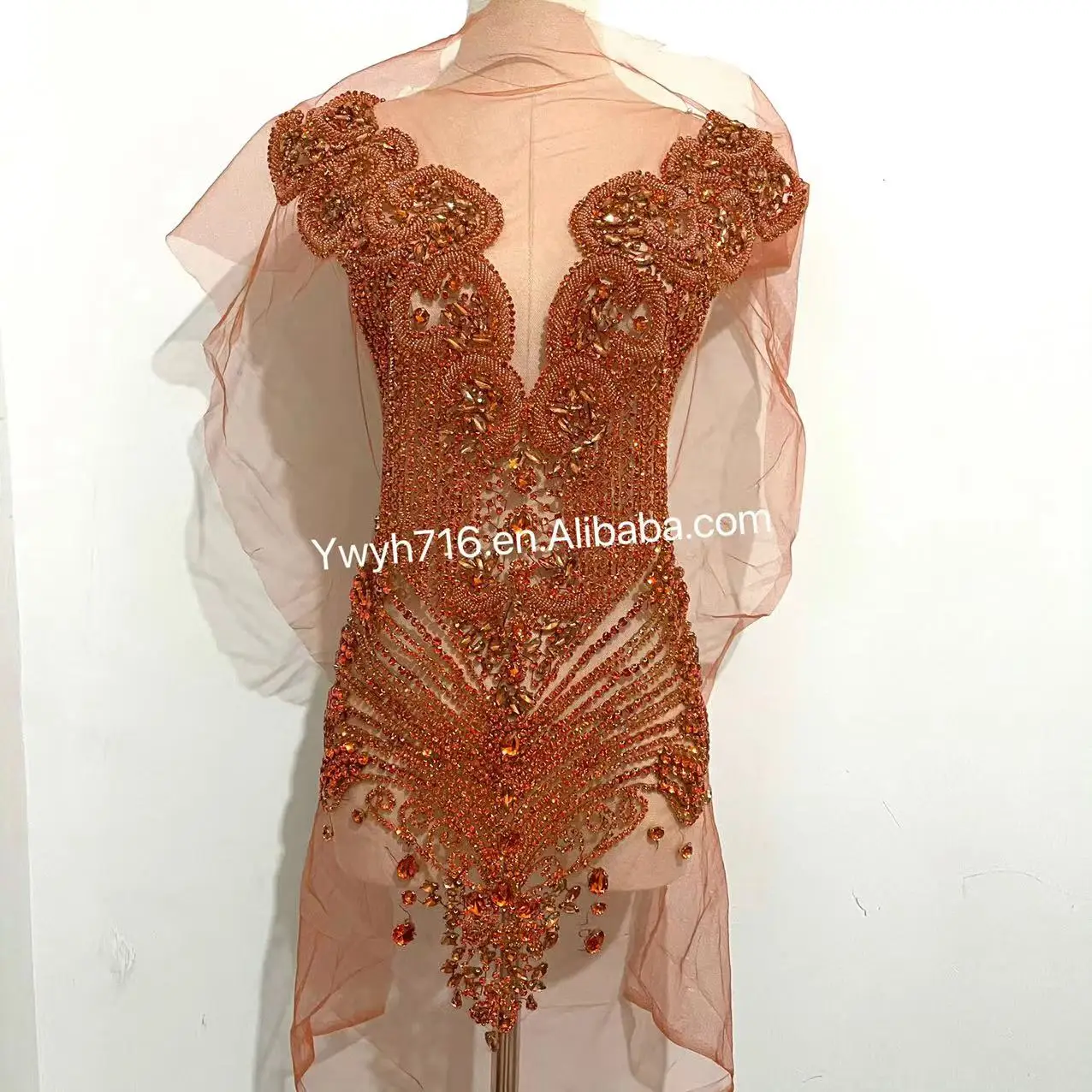 Luxury Burnt Orange Bling Bridal Rhinestone Bodice Applique for Dress
