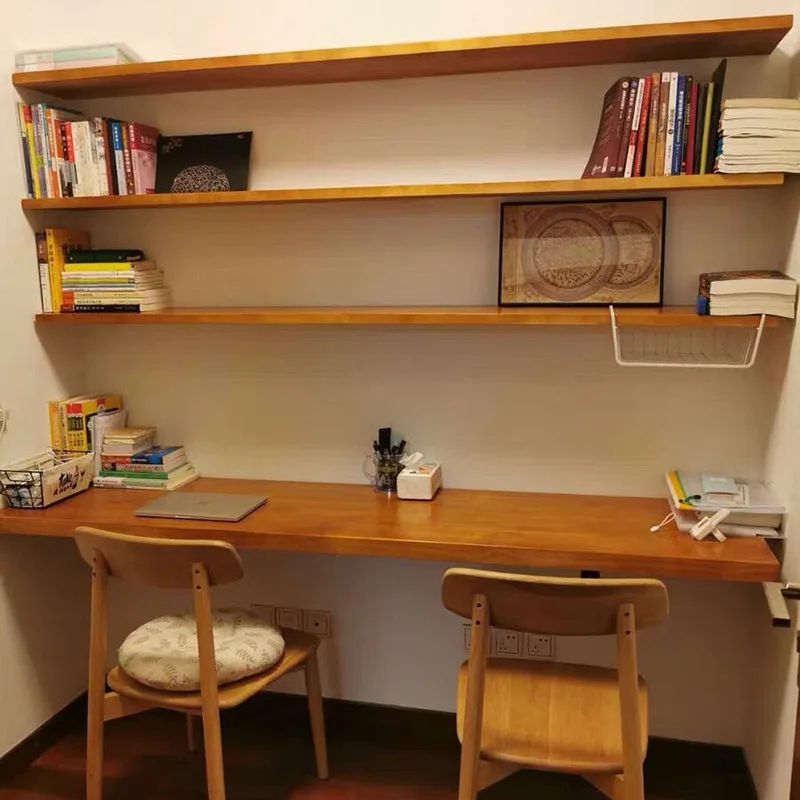 Solid wood desk bookshelf integrated table suspended one-line board ...