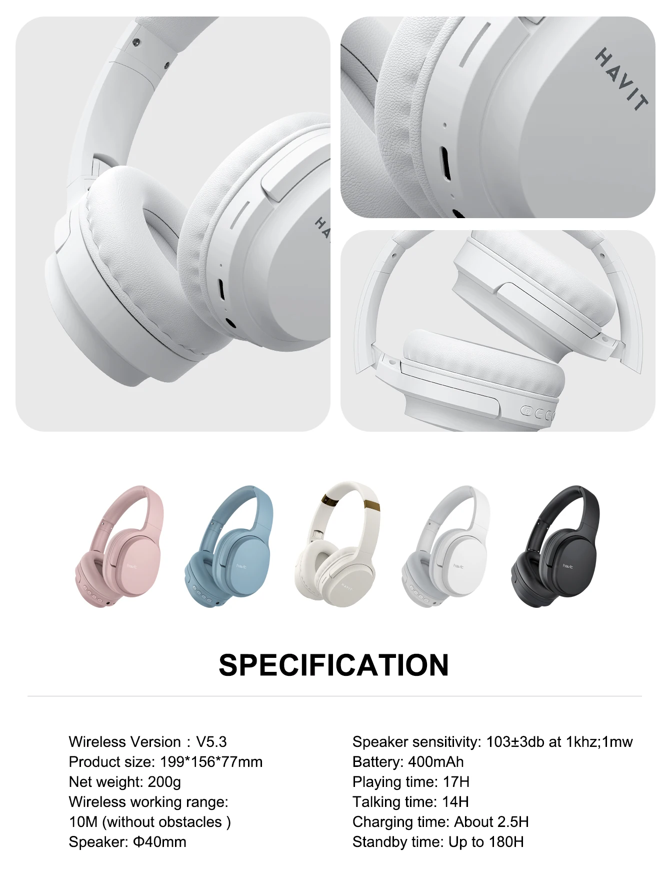 Havit I62 Bt Auriculares Inalambricos Foldable Studio Over-ear Casque Headband Wireless ...