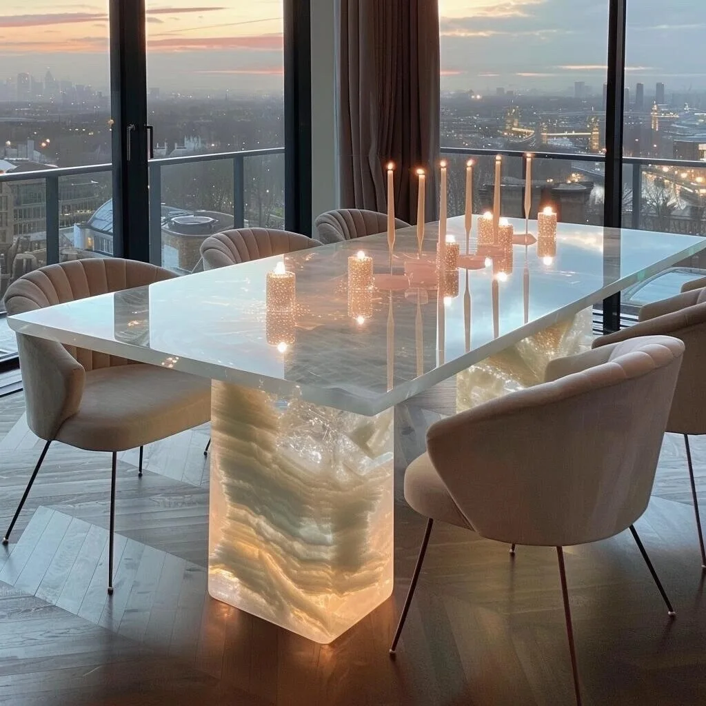 Colorful Backlit Translucent Onyx Marble Dining Table Set for Modern ...