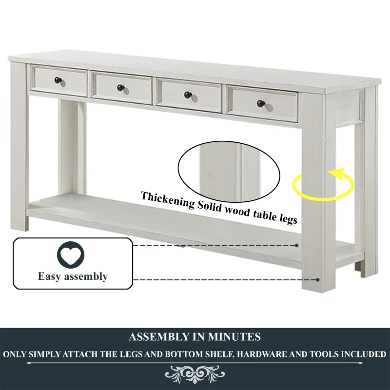 63" Pine Wood Console Table Long Sofa Table With 4 Drawers And 1 Bottom Shelf For Entryway ...