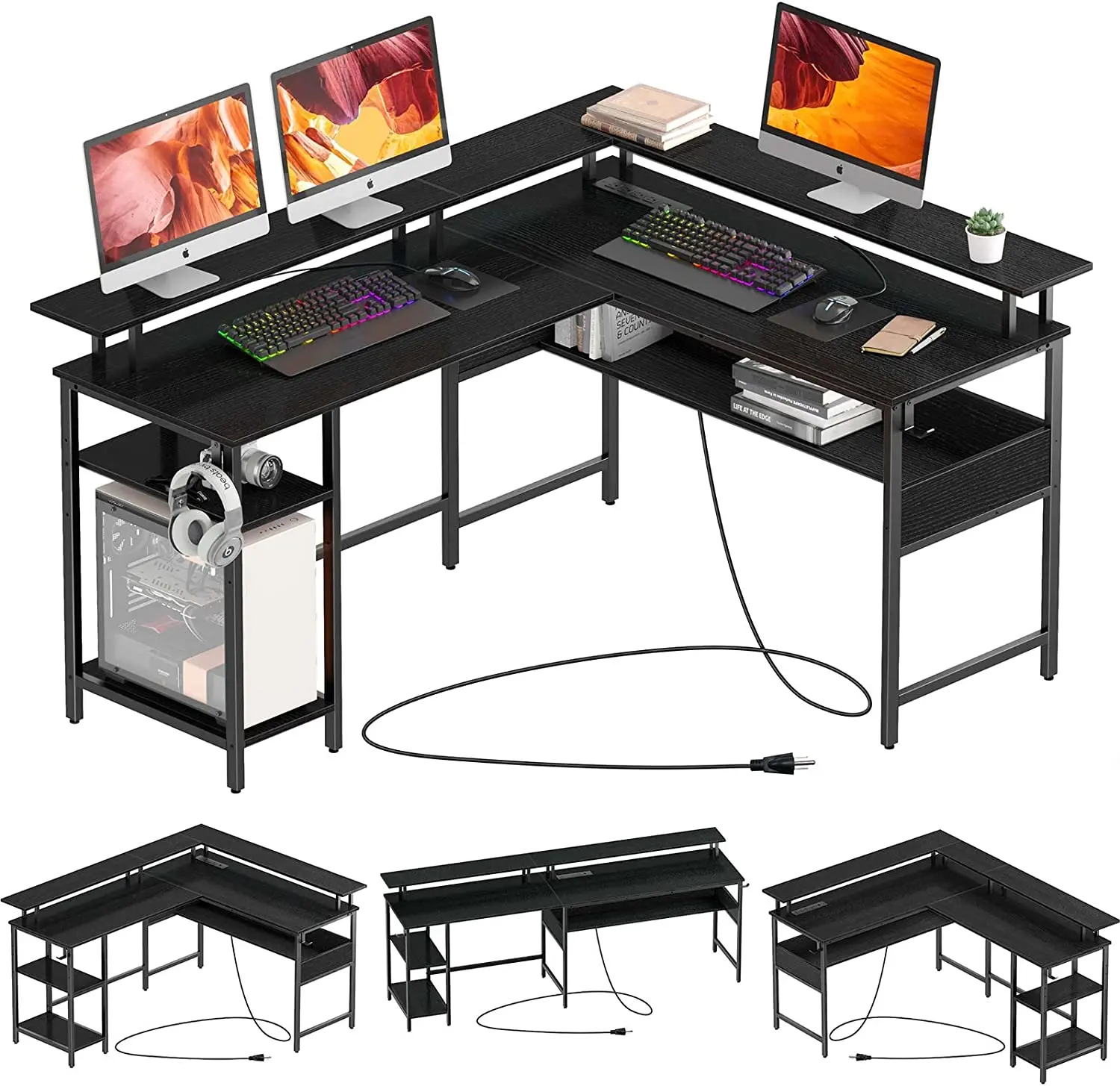 L Shaped Computer Desk with LED Strip & Power Outlets