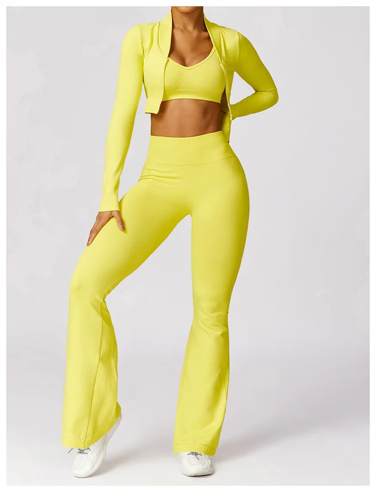 Seamless Female 2 Piece Gym Set Women Yoga Set Workout Tracksuit Fitness Sport Flared Pants Long ...