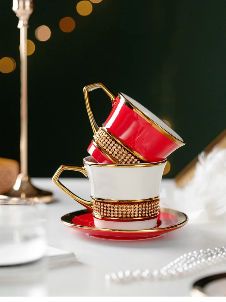 Luxury Rhinestone Coffee Cup and Saucer Gold Handle Ceramic Tea Cup ...
