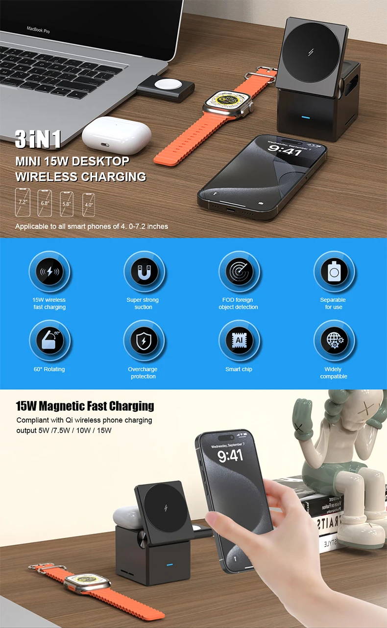 Portable 15w 3 In 1 Foldable Wireless Charger Mobile Phone Holder ...