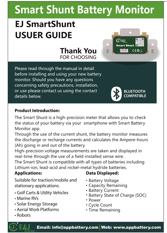 E&J Smart Shunt Battery Monitor 500A with History Data Record