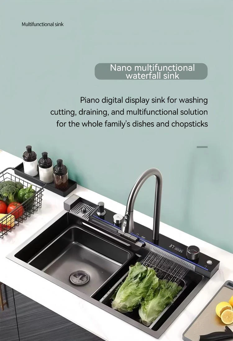 Multifunctional Rainfall Faucet Single Bowl Kitchen Sink Waterfall 304 ...