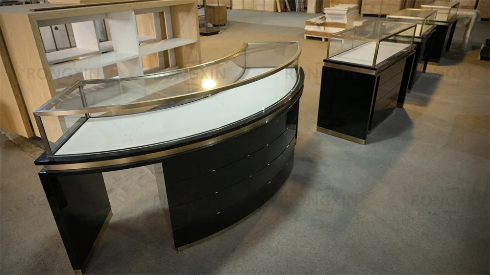 Retail Store Design Wooden Tempered Glass Reception Counter Display ...