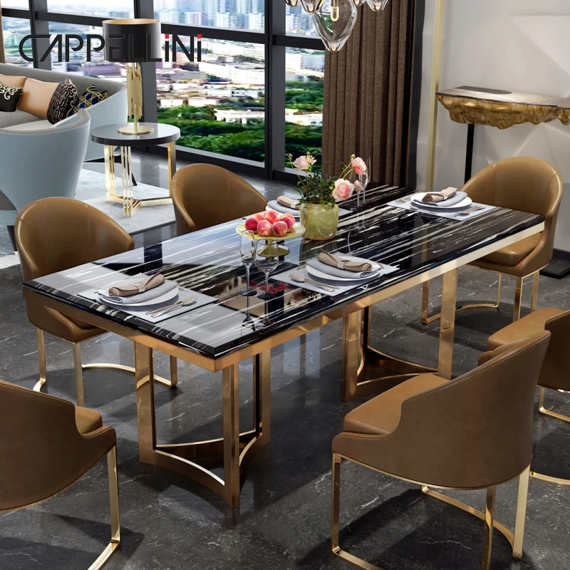 Modern Luxury Rectangular Gold Dinning Table Set 6 Seater 4 Chairs ...