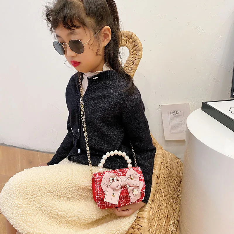 Wholesale Luxury Cute Girls Mini Crossbody Pearl Bow Hand Bags