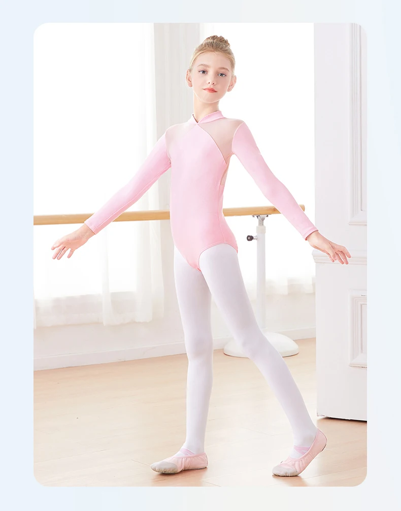 Girls Mesh Splice Gymnastics Ballet Leotards - Long Torso