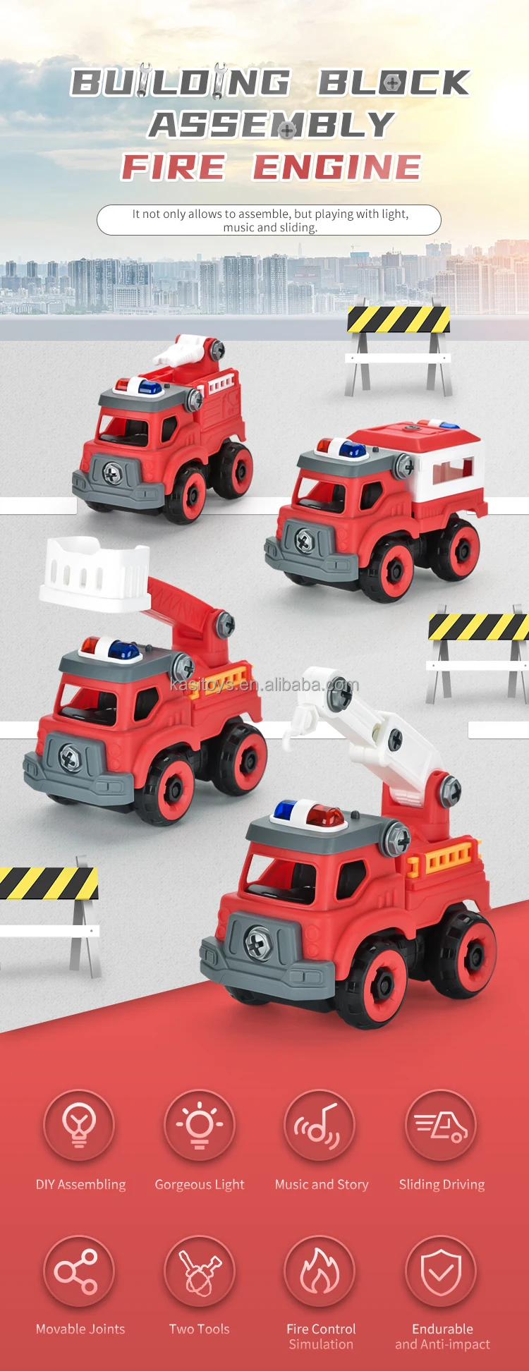 Educational Kids DIY Assembled Building Blocks Fire Engine Truck Toy ...