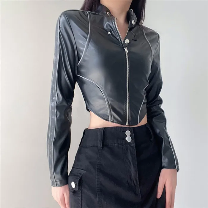 Fashion Sexy Leather Jacket With Vertical Collar And Irregular Hem ...
