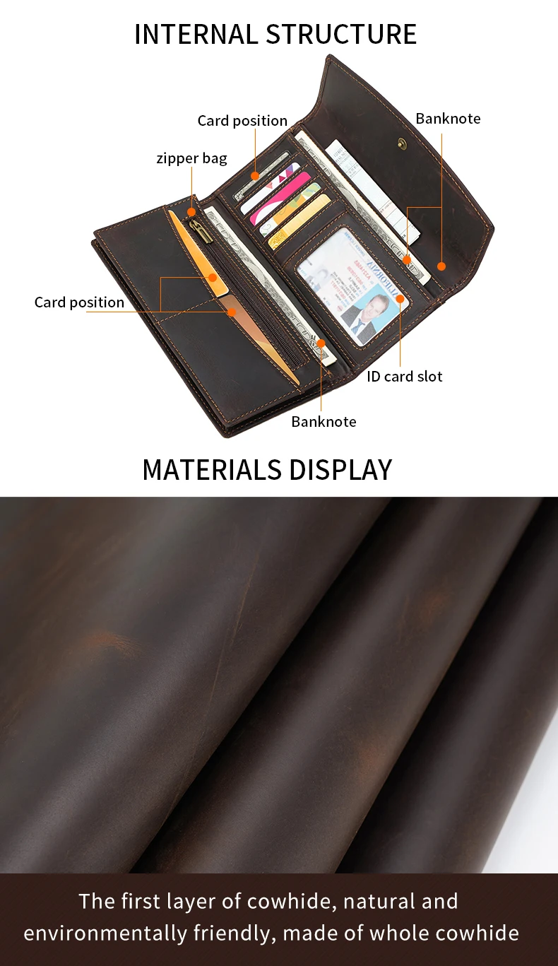 Tiding Custom Brown Vintage Cowhide Clutch Bag Men Long Genuine Leather ...