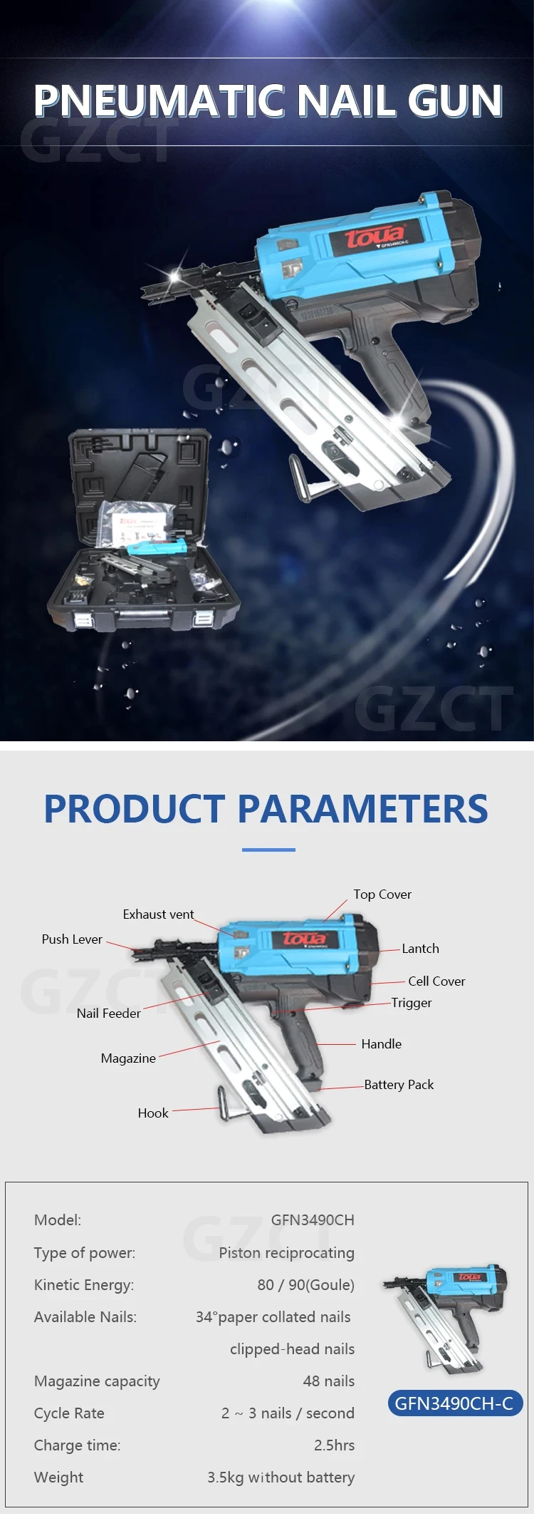Gfn3490ch-c Pneumatic Nail Gun For Wood Cordless Powered Concrete ...