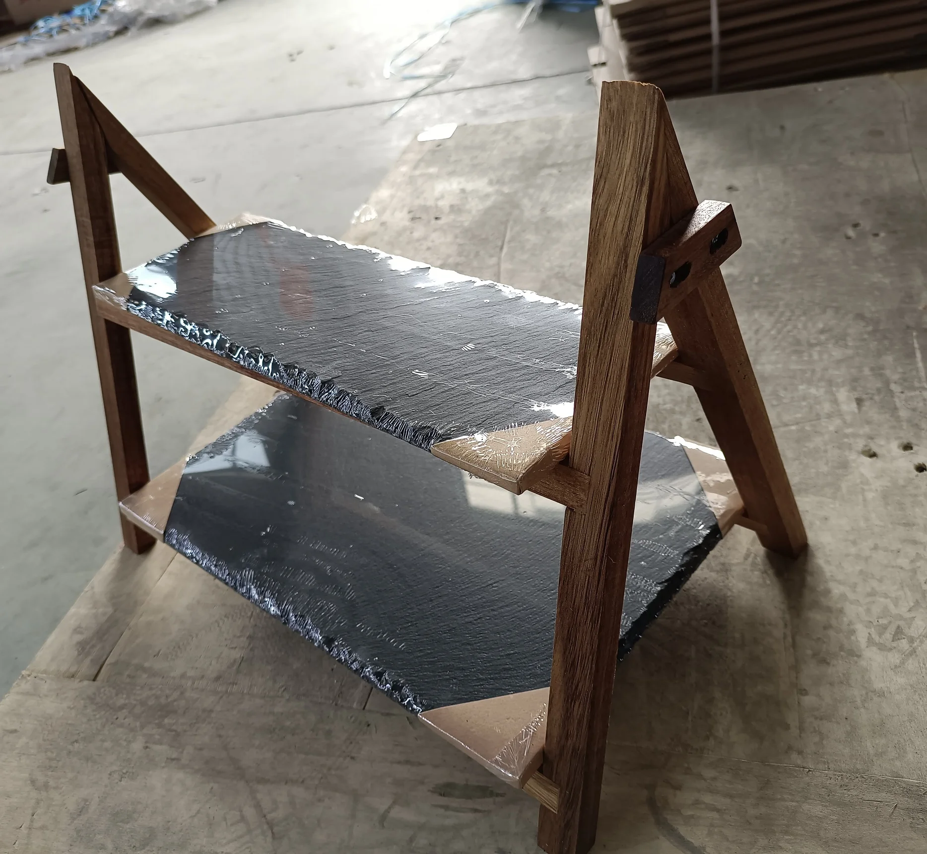 2-tier Natural Slate Buffet Server With Foldable Acacia Wooden Frame ...