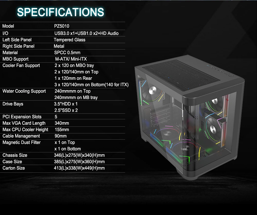 Powercase Latest Cube Case Double-sided Glass M-atx Gaming Case Cube ...