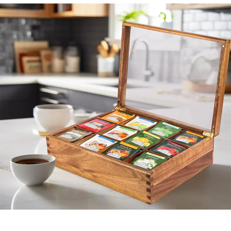 Acacia Wooden Tea Bag Storage Bag: 12 Compartment Multifunctional Tea ...