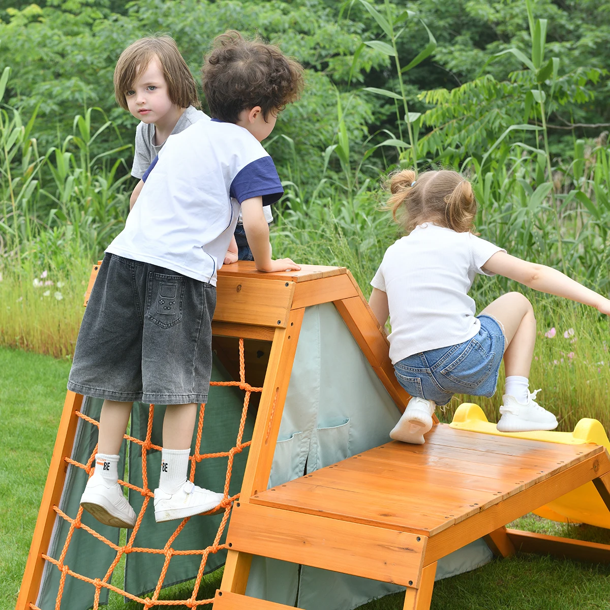 Children's Wooden Play Set Game House with Ladder Slide and Swing ...