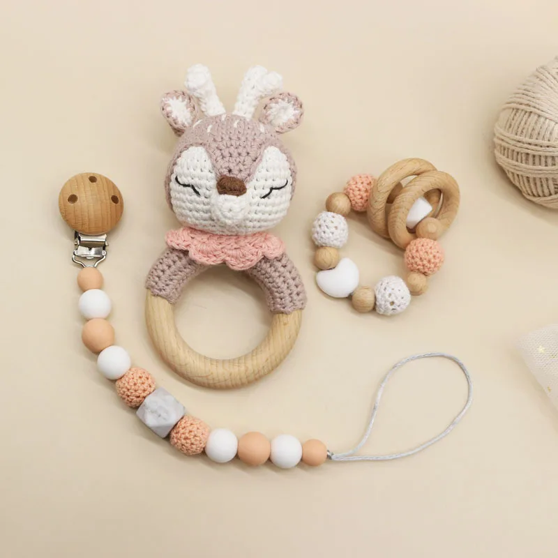 Xmas Gift Little Baby Crochet Elk Rattles Set Pink Teether Rattle With ...