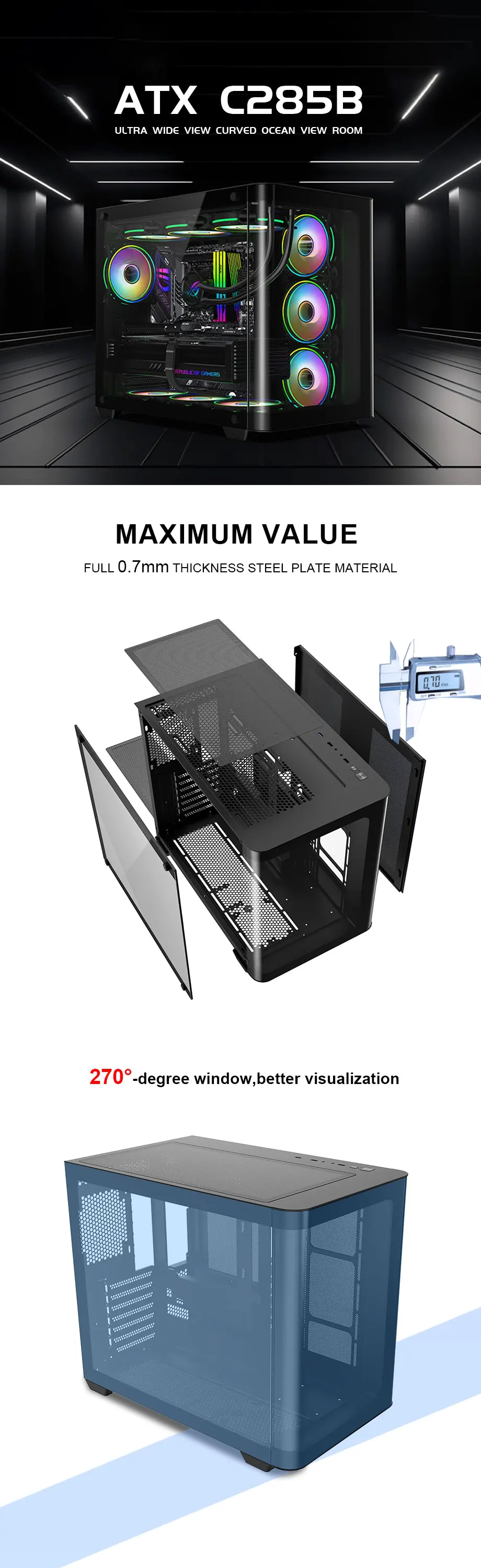 High Efficiency Computer Cabinet with Curved Tempered Glass