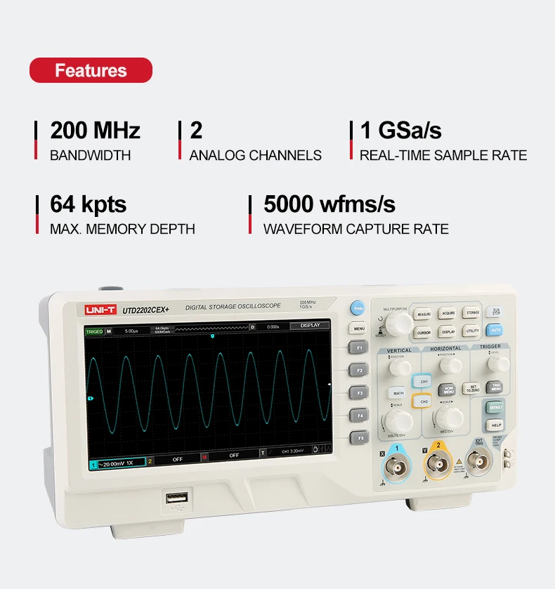 UNI-T Digital Oscilloscope USB UTD2202CEX+ 200MHz Dual Channel, 1GS/s ...