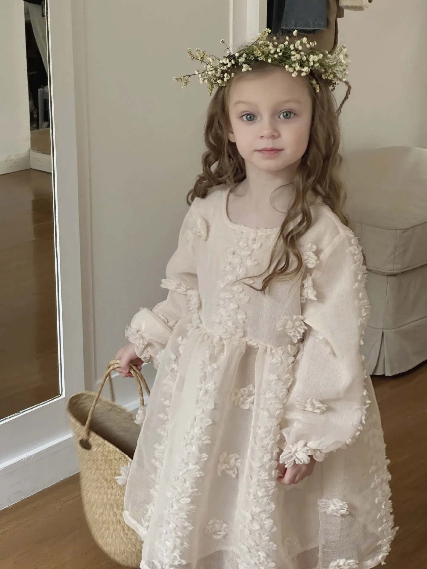 2024 Spring Summer New Flower Mesh Birthday Princess Long-sleeved Kids ...