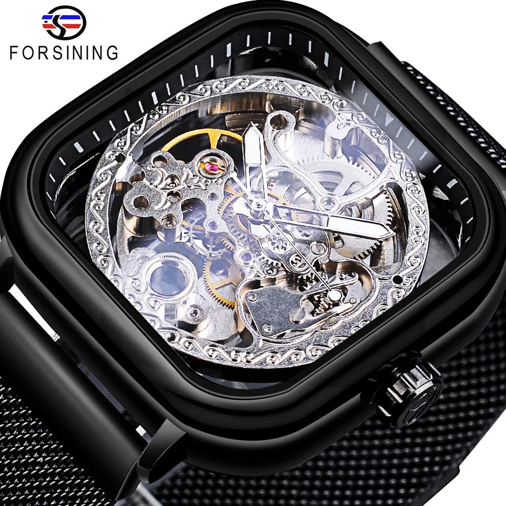 Forsining Men Mechanical Wristwatches Square Transparent Mens Watch ...