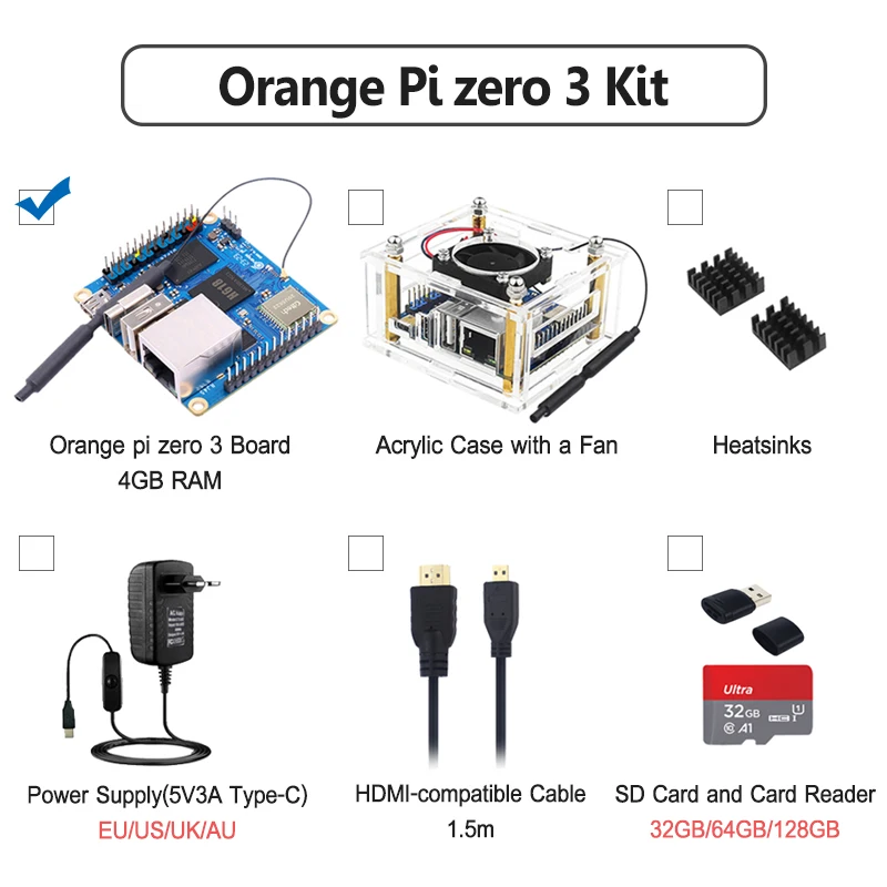 Orange Pi Zero 3 4GB Kit - Wifi5, Bluetooth 5.0, AXP313A
